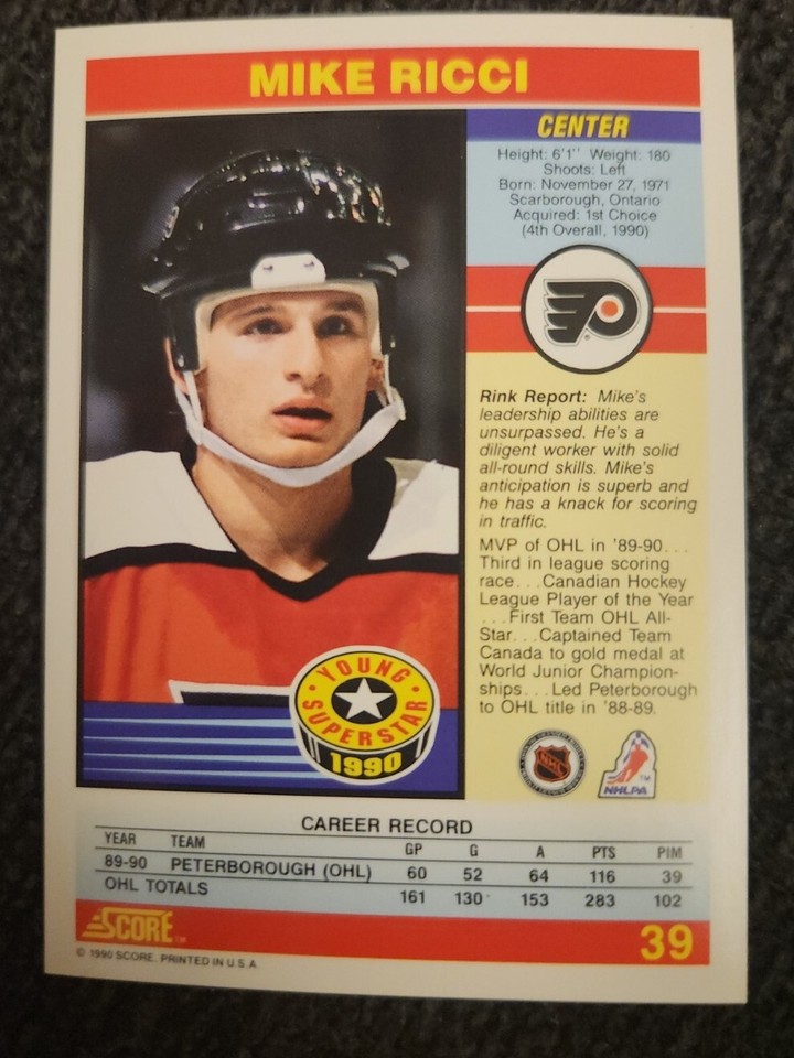 1990-91 Score Young Superstars Flyers Hockey Card #39 Mike Ricci Rookie ...