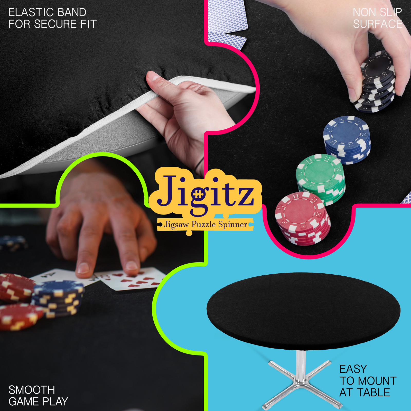 Jigitz Felt Poker Table Cover - 36-48in Black Card Table Covers Fitted ...