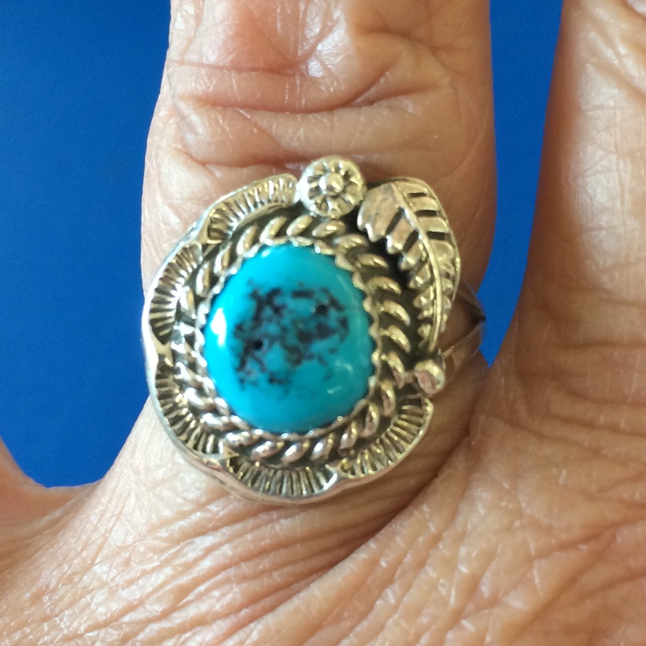 Native Ring Sterling Silver Blue Turquoise Feathers Indian FREE ...