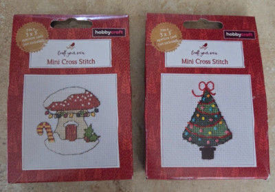 Hobbycraft Mini Cross Stitch Bundle Kits x 2 CHRISTMAS TREE & MUSHROOM ...