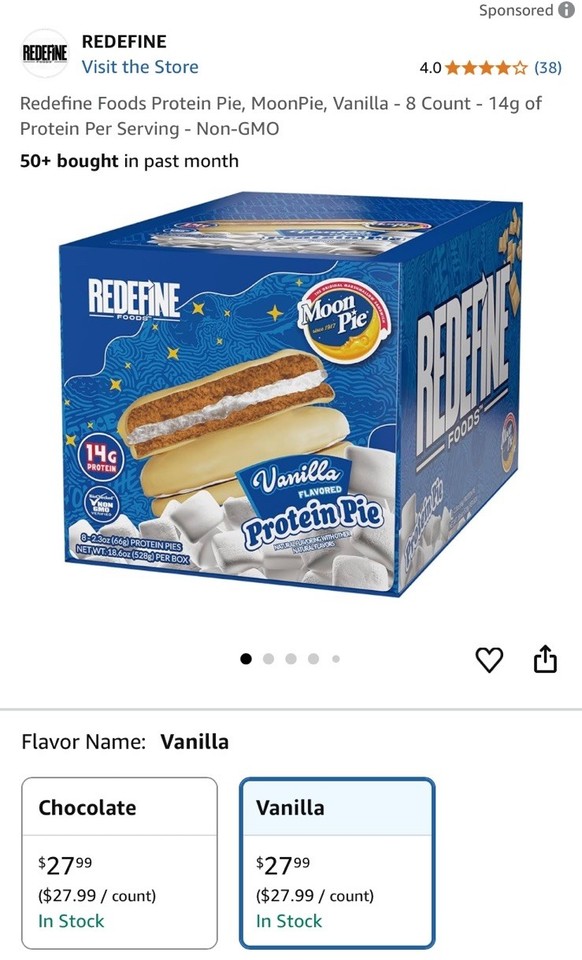 30 PACK Redefine Moon Pie Protein Bars Vanilla 14g Protein Pie Energy ...