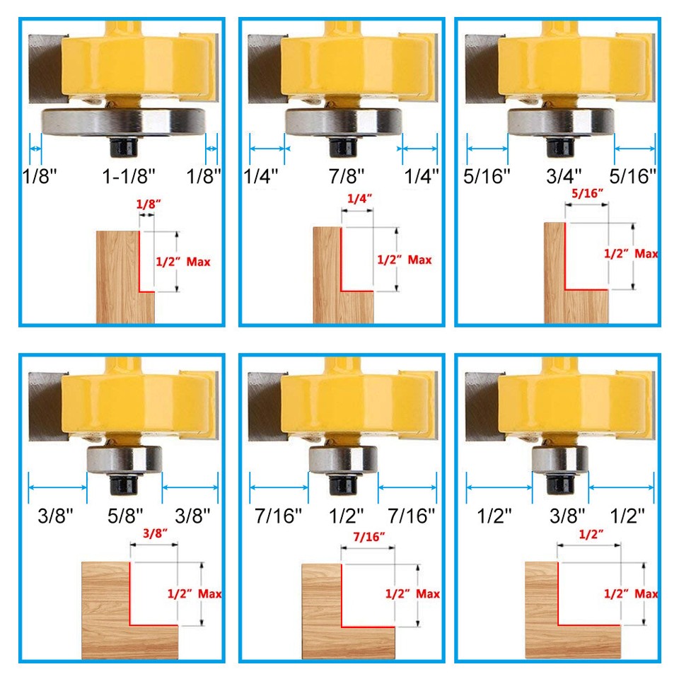 Rabbeting Router Bit 6 Bearings Router Bit Set 1/4 Shank 1/8"-1/2 ...