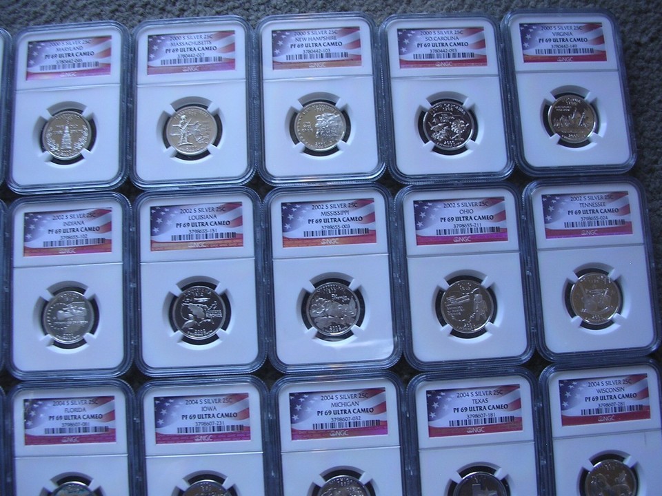 COMPLETE SET 1999-2008 NGC PF69 ULTRA CAMEO SILVER PROOF STATE QUARTERS ...