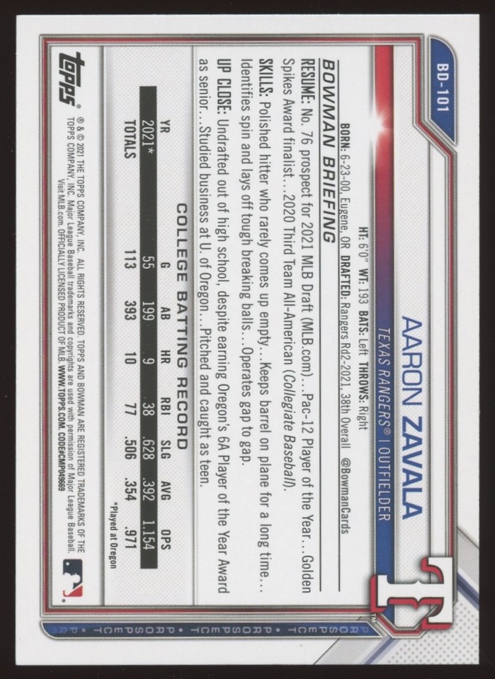 2021 Bowman Draft #BD-101 Aaron Zavala Texas Rangers | eBay