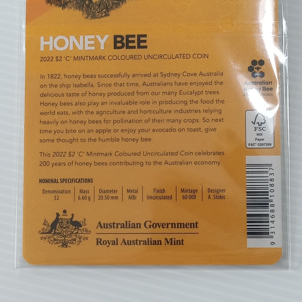 2022 $2 Honey Bee Coloured 'C' Mint Mark Coin in Card UNC RAM Australia ...