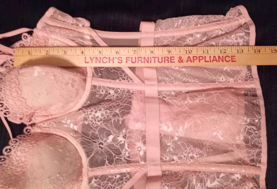 VICTORIAS SECRET 34B Pink Sheer Lace Mesh Strappy Boned Corset ...