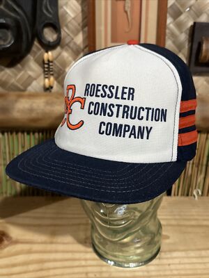 Vintage Roessler Construction Trucker Hat Snapback Cap 3 Three Stripe ...
