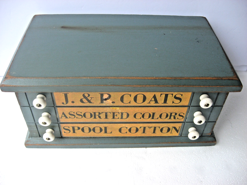 Vtg Style~J&P COATS~Wood 3 Faux Drawer~Sewing SPOOL Thread Cabinet ...
