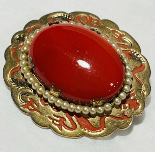Vintage Red Glass Cabochon Faux Pearl Pin/Pendant Red Dragon Design ...