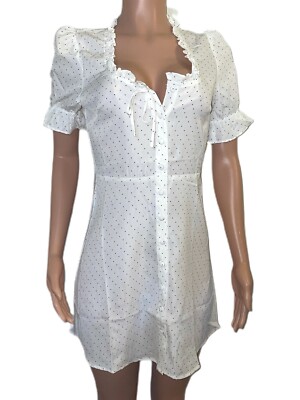 Ivory Dotted Button Down Femme Ruffle Shirt Mini Dress New Y2K ...