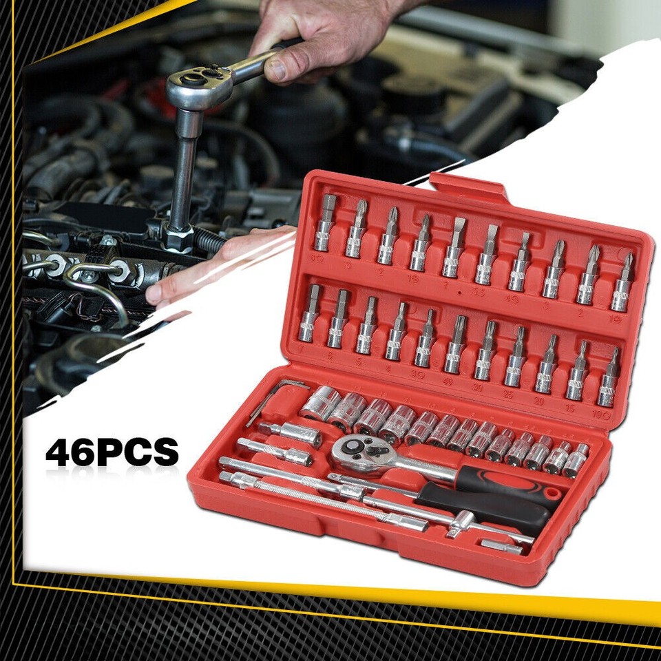 🔥46PCS 1/4" Ratchet Wrench Combination Socket Tool Set Kit Auto Car ...