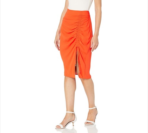 BCBG MAXAZARIA Rushed Drawstring Midi Orange Pencil Skirt Size M New | eBay