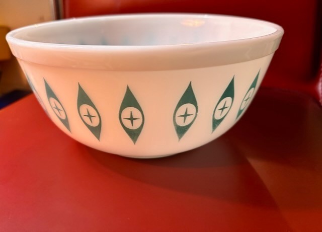 Vtg Atomic Eyes Pyrex Mixing Bowl MCM 1950s Unmarked White & Turquoise ...
