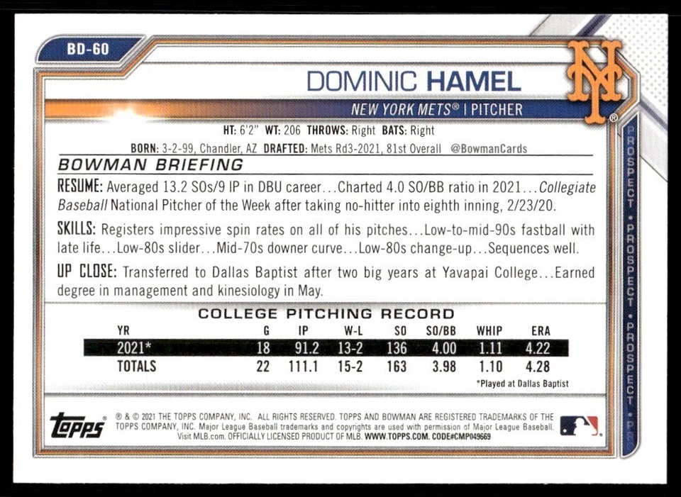 2021 Bowman Draft Dominic Hamel G320 New York Mets #BD-60 | eBay