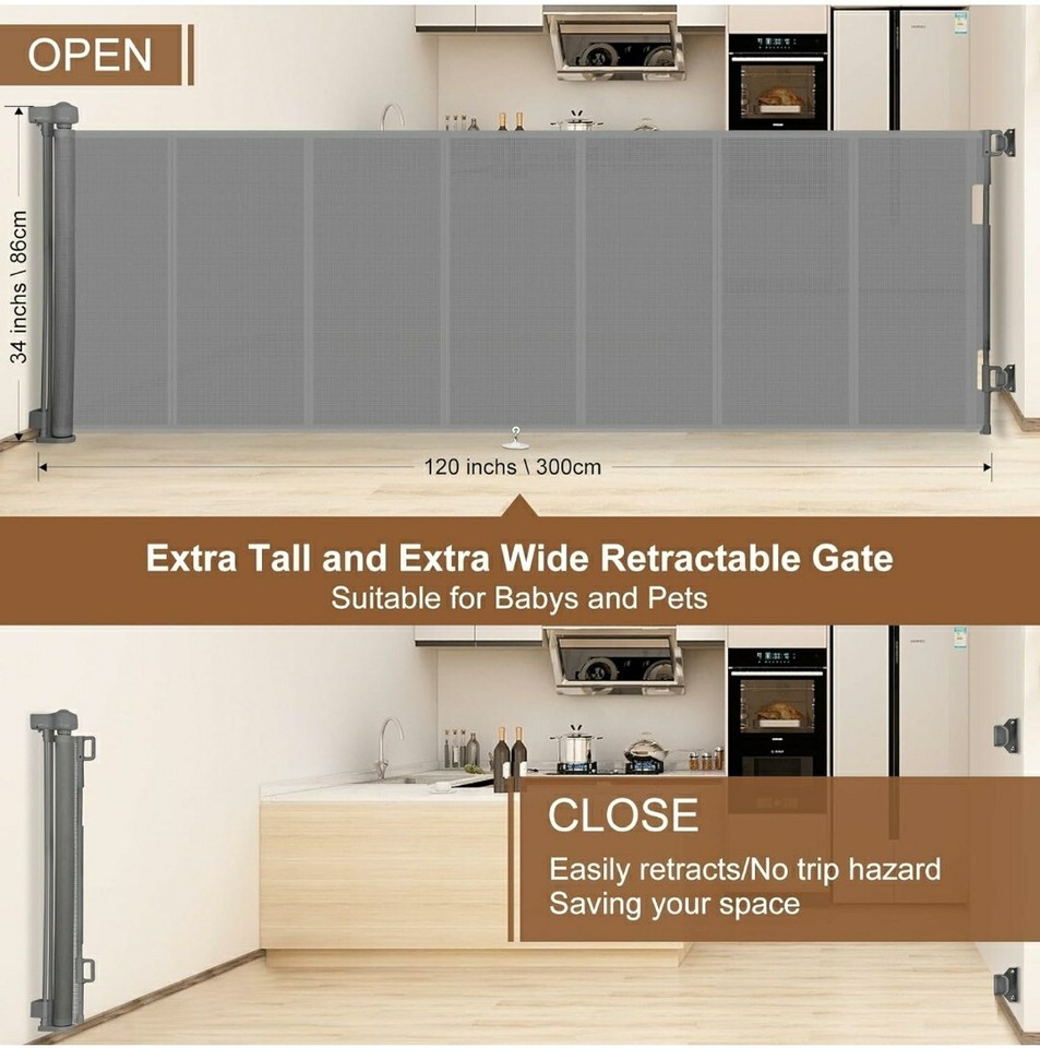 Upgrade 120 in Retractable Baby Gates Extra Wide 34" Tall x 120" Wide ...