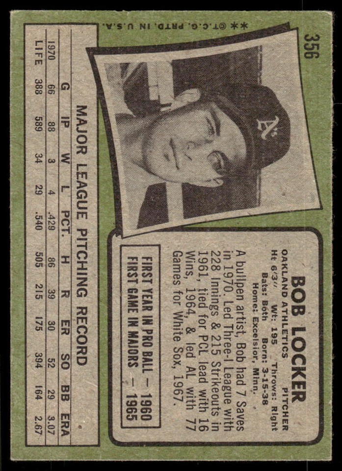 1971 Topps Bob Locker #356 Oakland Athletics Baseball Card | eBay