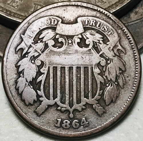 1864 Two Cent Piece 2C Civil War Date Large Motto US Copper Coin ...