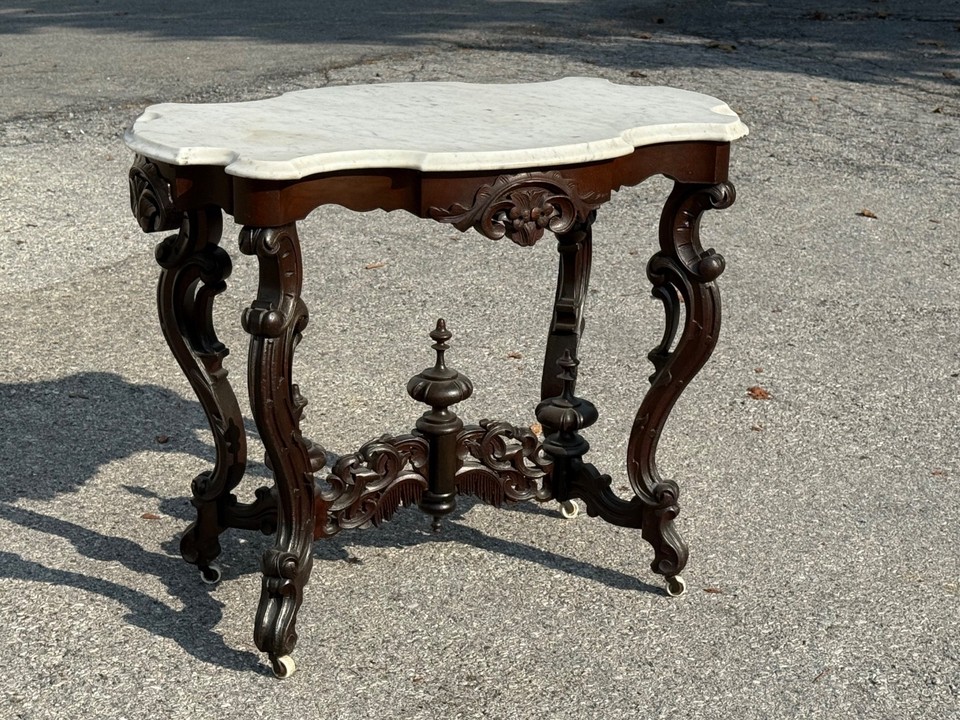 antique Rocco carved mahogany Victorian turtle marble top table center ...