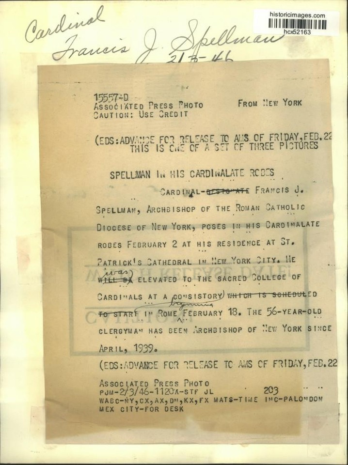 1946 Press Photo Cardinal Francis Spellman, Archbishop of the New York ...