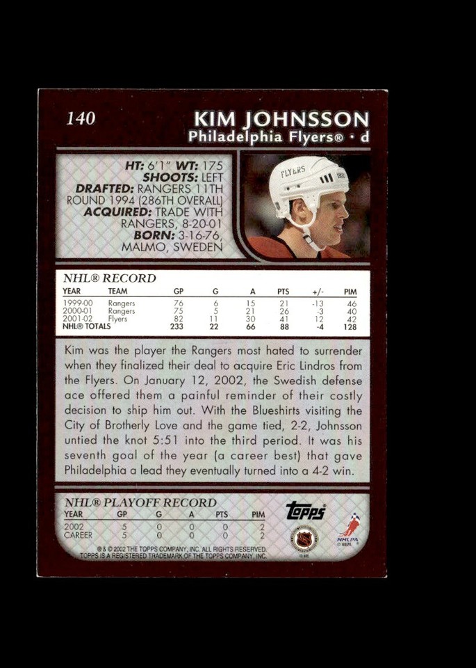 Kim Johnsson 2002-03 O-Pee-Chee Flyers authentic autographed card | eBay