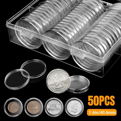 50X Coin Holder Capsules Case Clear 40.6mm for 1 Oz Silver Dollar w ...