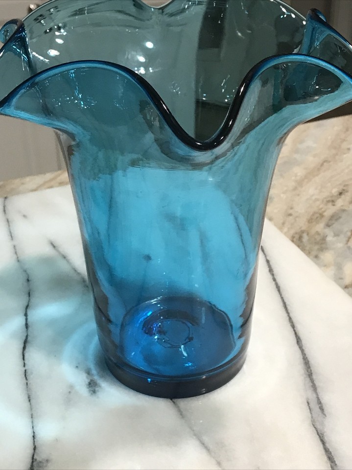 Large Vintage Hand Blown Aqua Thick Art Glass Ruffled Top Vase ...