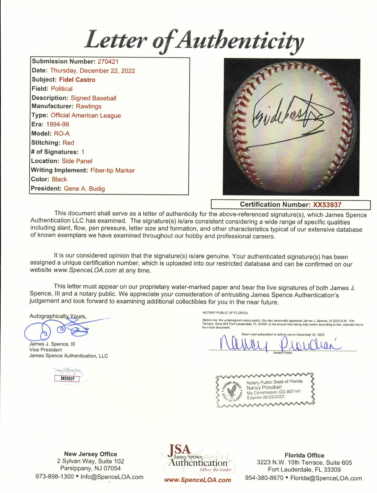 Fidel Castro signed Rawlings OAL Baseball JSA LOA Cuban President Rare ...