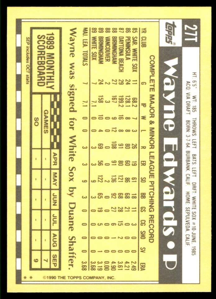1990 Topps Traded Wayne Edwards Rookie . Chicago White Sox #27T | eBay