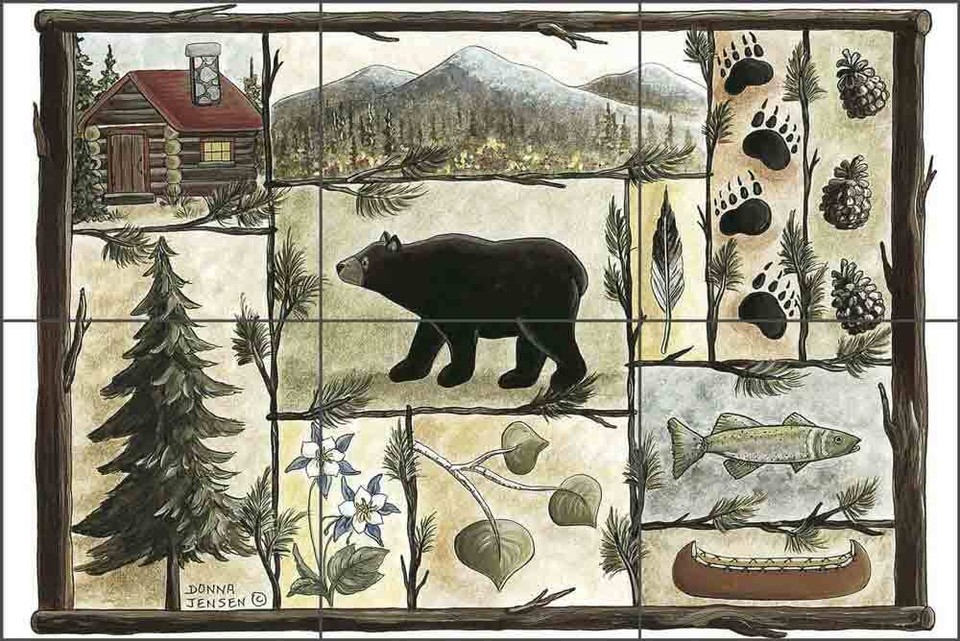Rustic Bear Wildlife Lodge Kitchen Backsplash Tile Mural - Donna Jensen ...