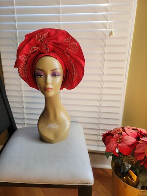 Aso-Oke African Headtie Auto Gele, Ready Made Gele (Red With Stones) | eBay