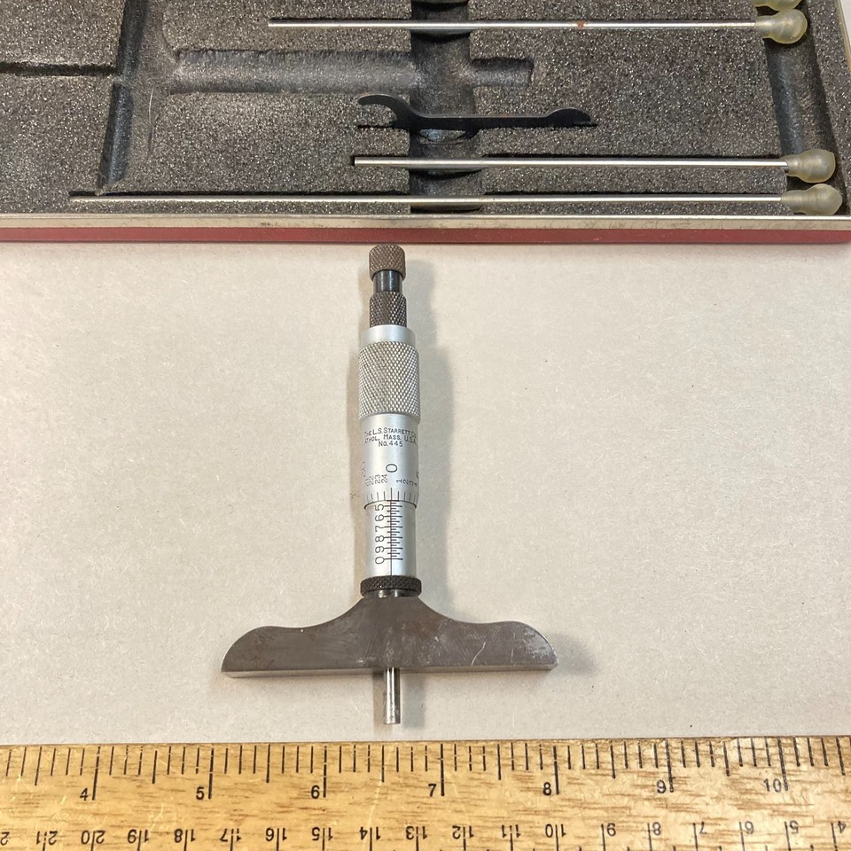 Starrett Depth Micrometer Gage Gauge Set 3" Base 6 Rods #445 w/Case & Wrench USA | eBay