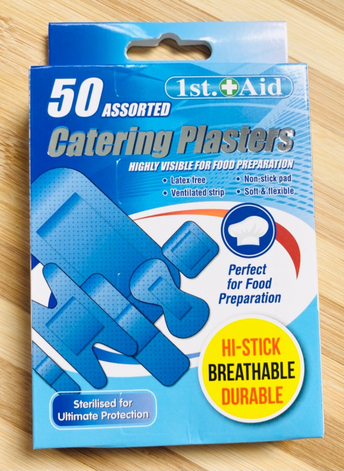 50 x BLUE CATERING PLASTERS ASSORTED SIZE/SHAPE VENTILATED SOFT FOOD ...