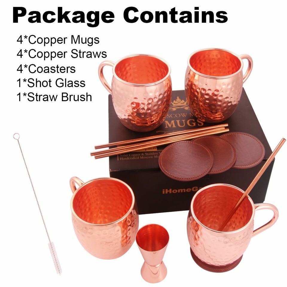 US SHIP 4Pcs Moscow Mule Copper Mug Set Cups with Handles Straws ...