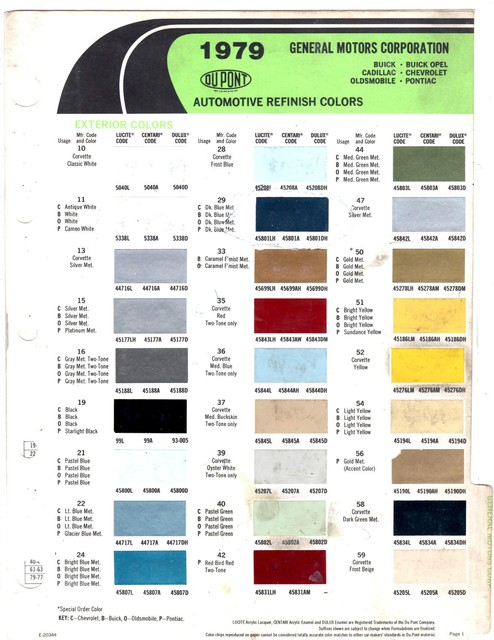 1979 CHEVROLET CORVETTE BUICK PONTIAC OLDSMOBILE 79 PAINT CHIPS DUPONT ...