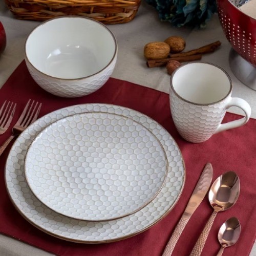 16pc Stoneware Honey Dinnerware Set White - Elama: Botanical Pattern | eBay
