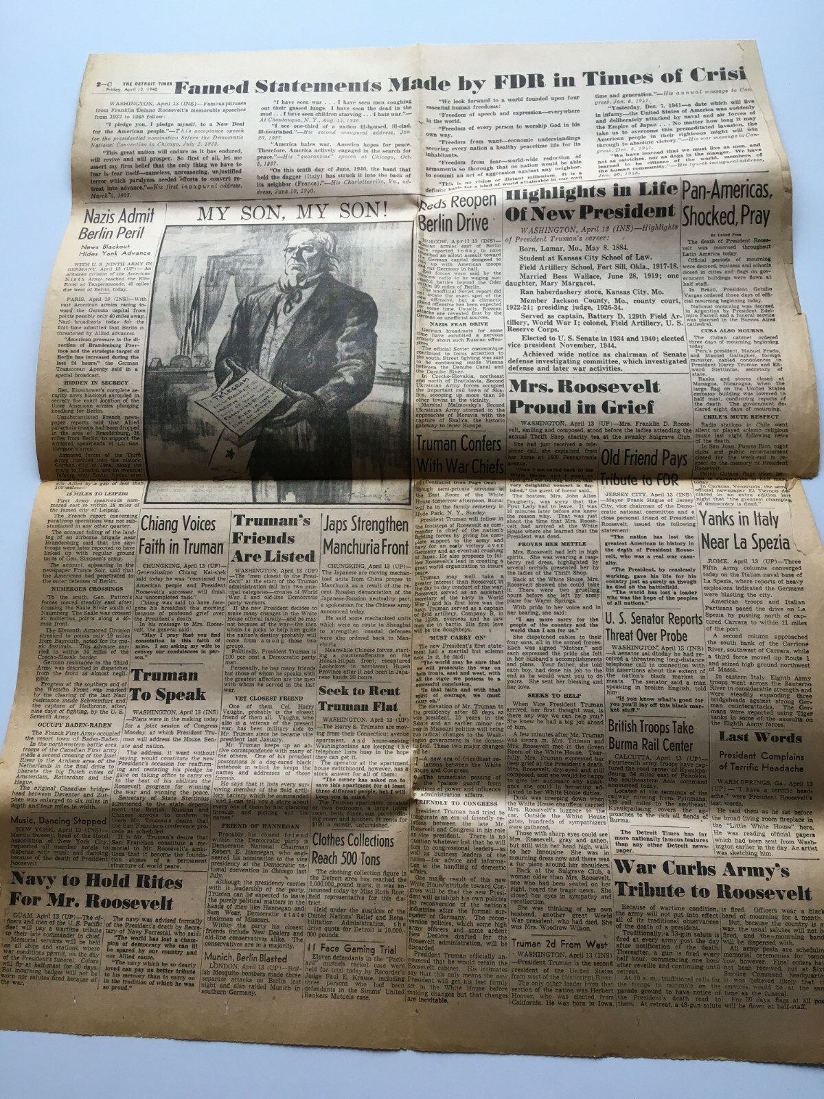 Franklin D. Roosevelt Death Newspaper Clippings Detroit Times April 13 ...