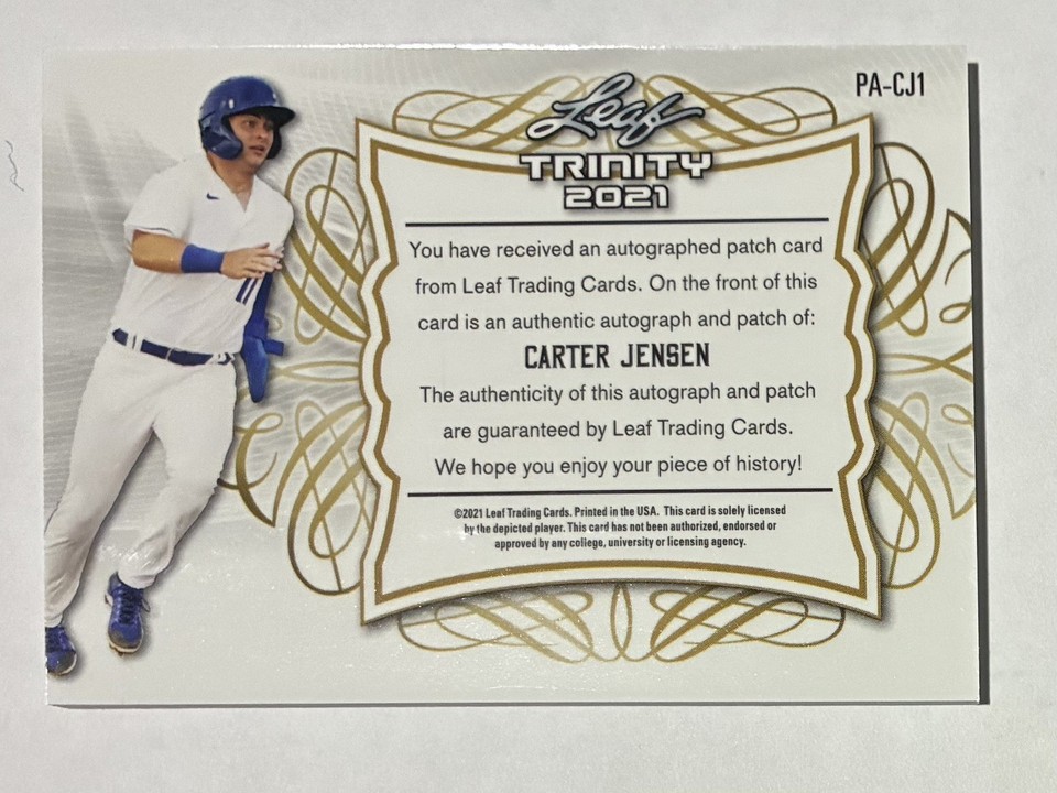 2021 Leaf Trinity JERSEY PATCH RC AUTO Carter Jensen Royals Rookie MLB ...