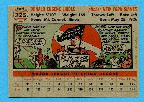 1956 TOPPS # 325 DON LIDDLE NEW YORK GIANTS EX | eBay