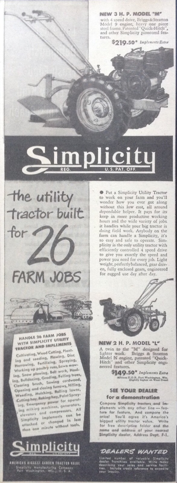 1950 AD(XE21)~SIMPLICITY MFG. CO. PORT WASHINGTON, WI. MODEL "M ...