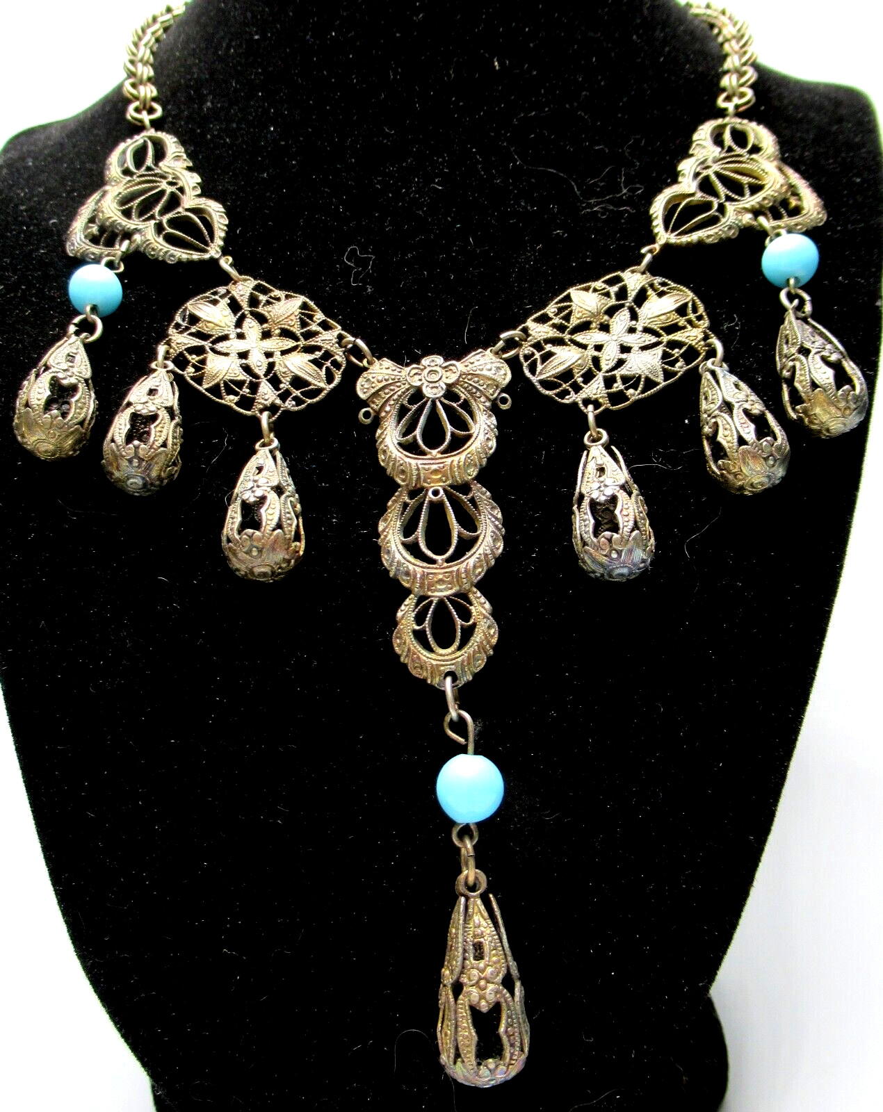 Beautiful Silver Plate Filigree Blue Glass Art Deco N… - Gem