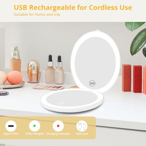 Travel Compact Magnifying Makeup Mirror - 1x/30x Led Lighted Folding ...