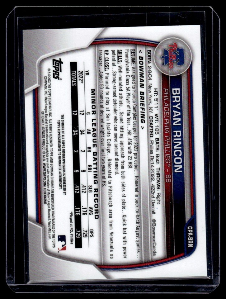 2023 Bowman Chrome Prospect Autographs Bryan Rincon Auto 55/150 ...