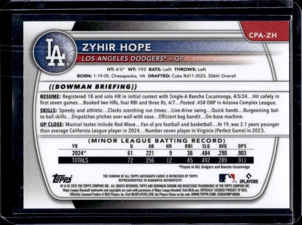 2025 Bowman Zyhir Hope Chrome Prospect Auto #CPA-ZH Dodgers | eBay