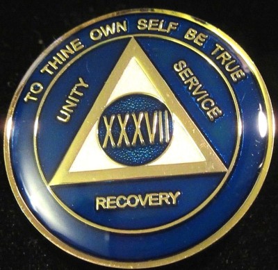 Alcoholics Anonymous 37 Year BLUE AA Medallion Coin Token Chip Sobriety ...