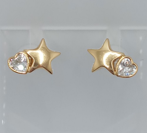 18k Yellow Gold 3D Star CZ Heart Stud Earrings Post Back Signed ATB 750 ...