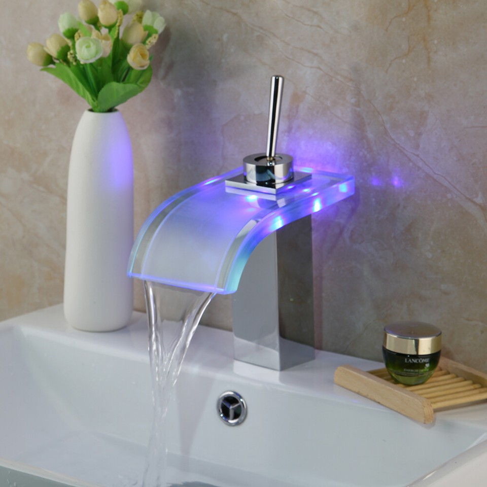 Vanity Basin LED Mixer Waterfall Spout Deck Mounted Faucet Single ...