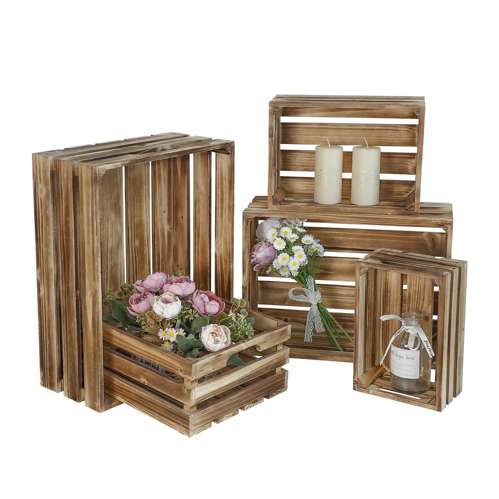 Set of 5 Large Wooden Crates, Nesting Storage Crate with Handles ...