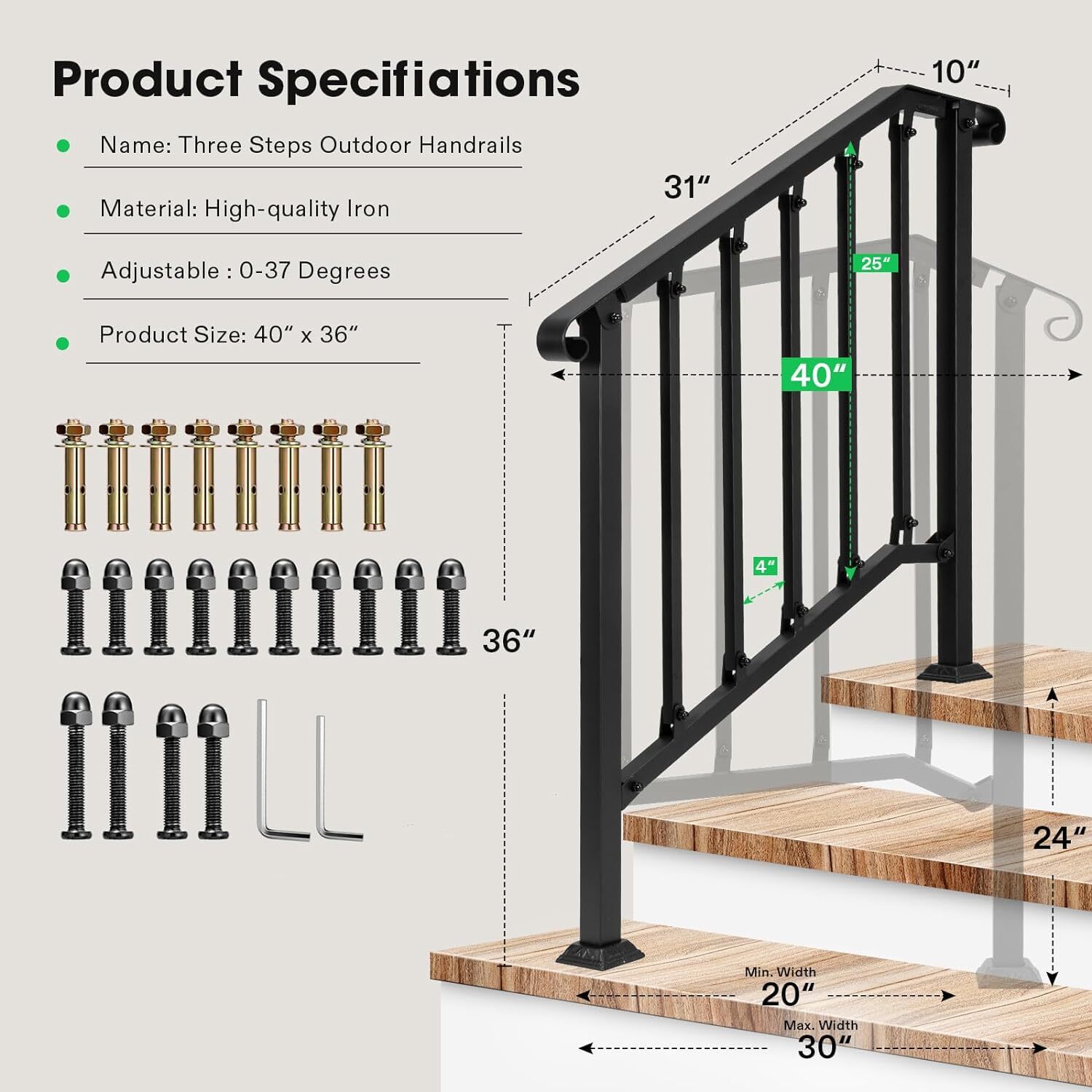 VIVOSUN 3-4Step Wrought Iron Handrails,0-37° Adjustable Stair Railing ...