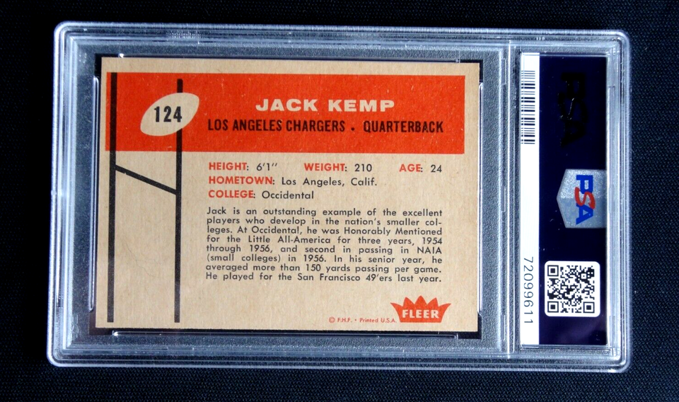 JACK KEMP 1960 FLEER FOOTBALL ROOKIE CARD #124 PSA 7 NM GRADED LA ...