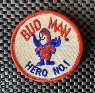 BUD MAN HERO NO. 1 EMBROIDERED SEW ON ONLY PATCH BUDWEISER BEER 3" NOS ...